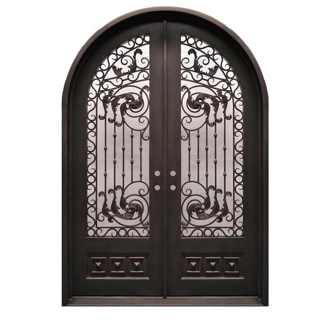 Custom Luxury Handmade Wrought Iron Double Front Door Round Top