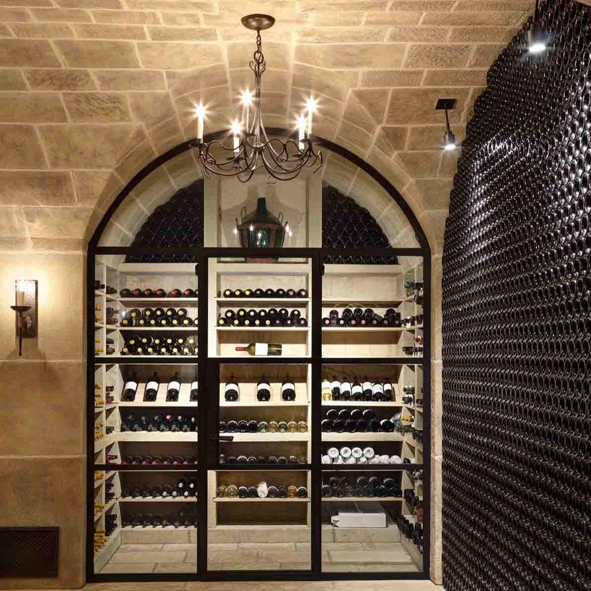 Custom Wine Room Steel Glass Single Door Round Transom Two Sidelights