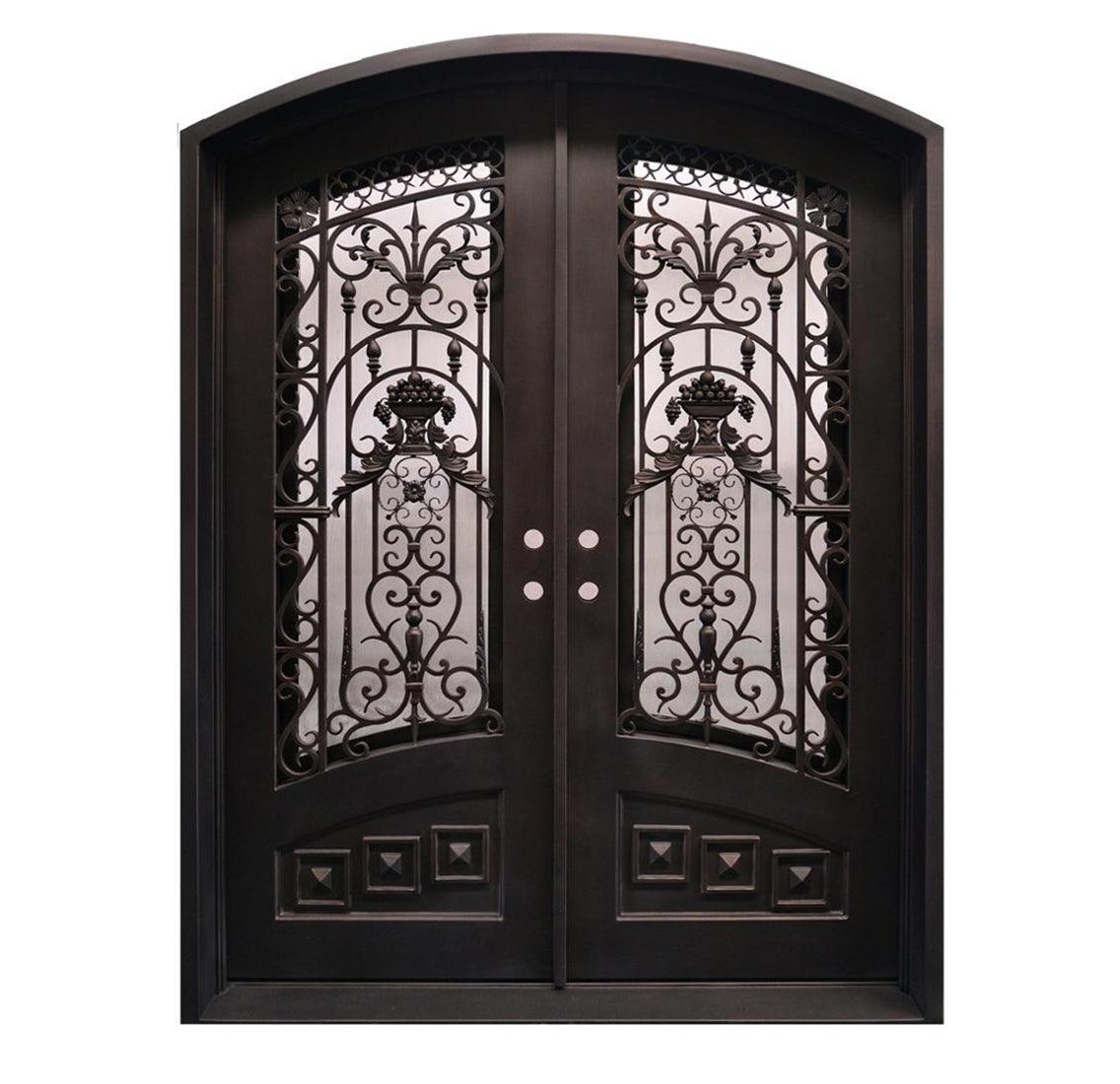 Custom Luxury Wrought Iron Double Front Door Arched Top with Kickplate